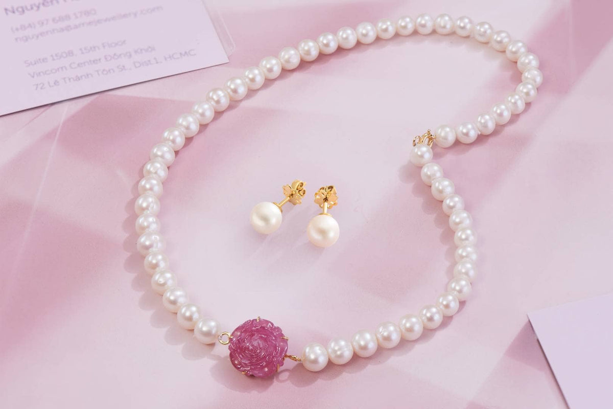 White Pearl Strand Necklace and Earrings Jewelry in 14K Yellow Gold ...