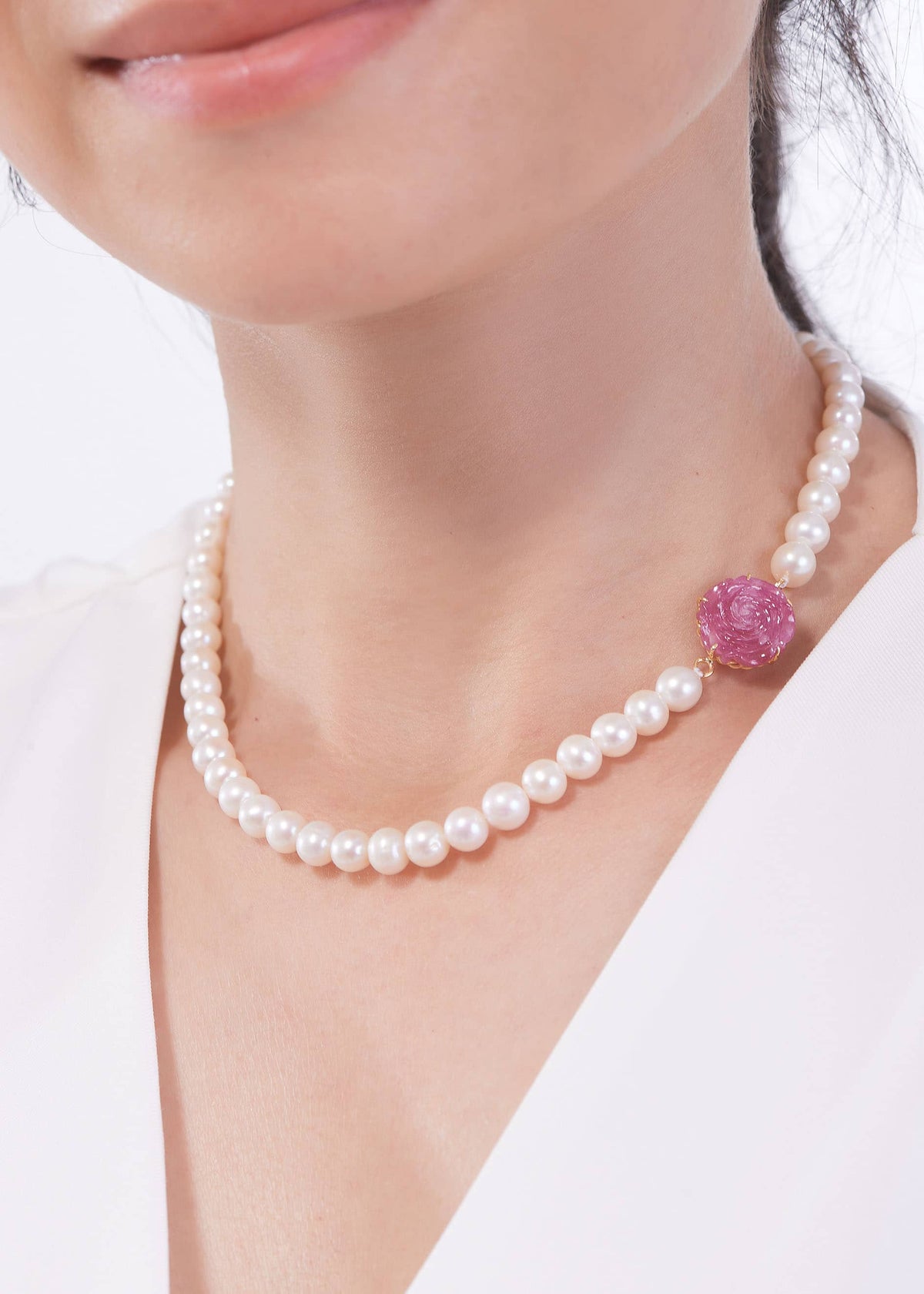 White Freshwater Pearls Strand Necklace with Ruby Rose Flower Clasp ...